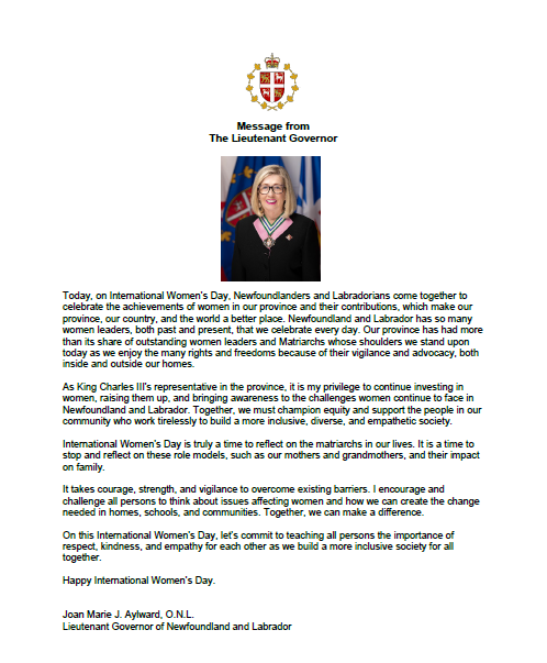 A Message from The Honourable Joan Marie Aylward, O.N.L., Lieutenant ...